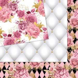 Pink and Gold Floral Digital Paper, Seamless Gold and Pink Rose ...