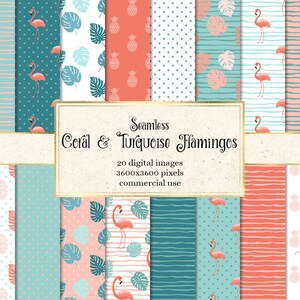 Coral and Turquoise Flamingo Digital Paper, Seamless Flamingo Patterns ...