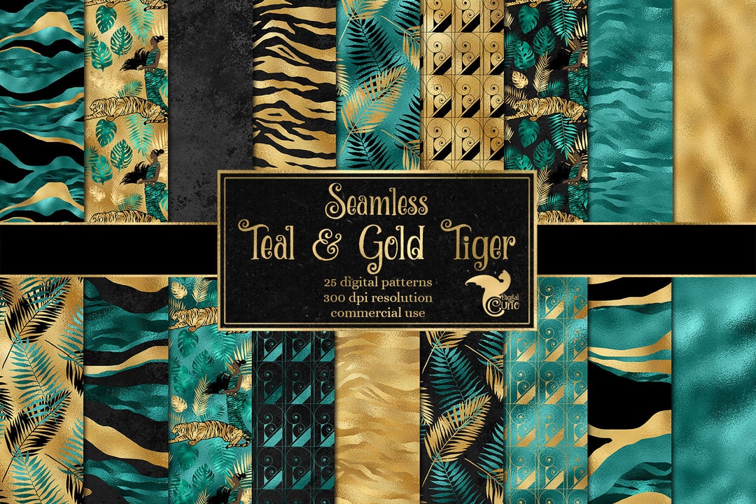 Teal and Gold Tiger Digital Paper, Seamless Tiger Stripe Patterns ...