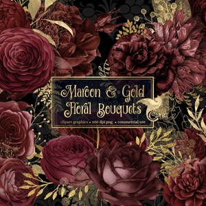 Maroon and Gold Floral Clipart, Rustic Wedding Bouquet Graphics (PNG ...