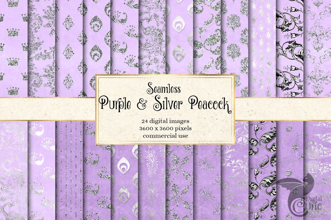 Purple and Silver Peacock Digital Paper, Seamless Patterns (digital ...