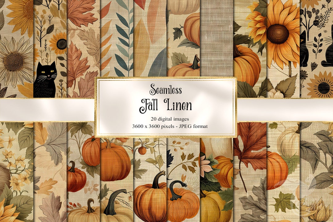 Fall Linen Digital Paper, Seamless Rustic Autumn Pumpkin Digital Paper ...