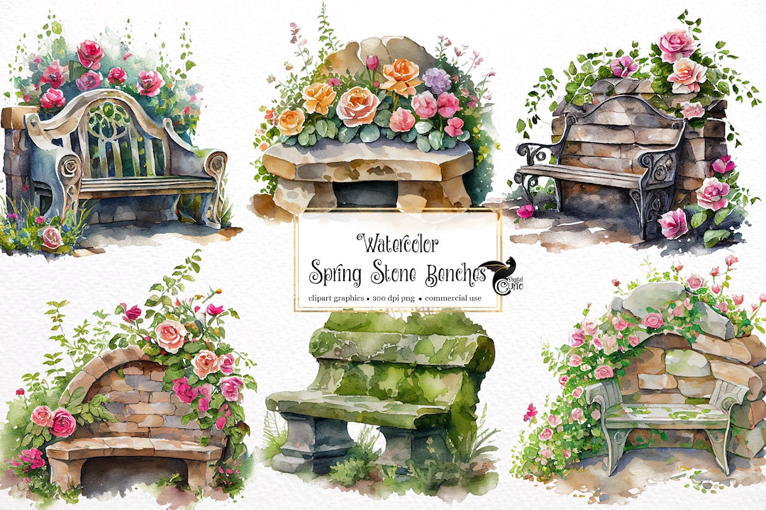 Watercolor Spring Stone Benches Clipart - Garden Bench PNG Format ...