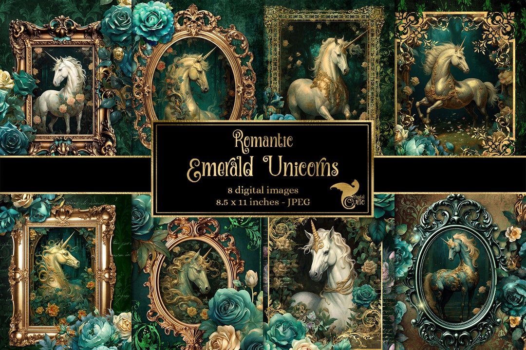 Romantic Emerald Unicorns Journal Paper, Notebook Digital Paper Rococo Fantasy Junk Journal ...