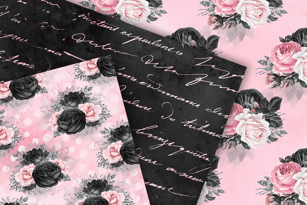 Pink and Black Floral Digital Paper Shabby Black and Pink - Etsy