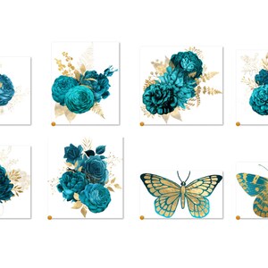 Turquoise and Gold Floral Clip Art, Digital Instant Download Painted ...