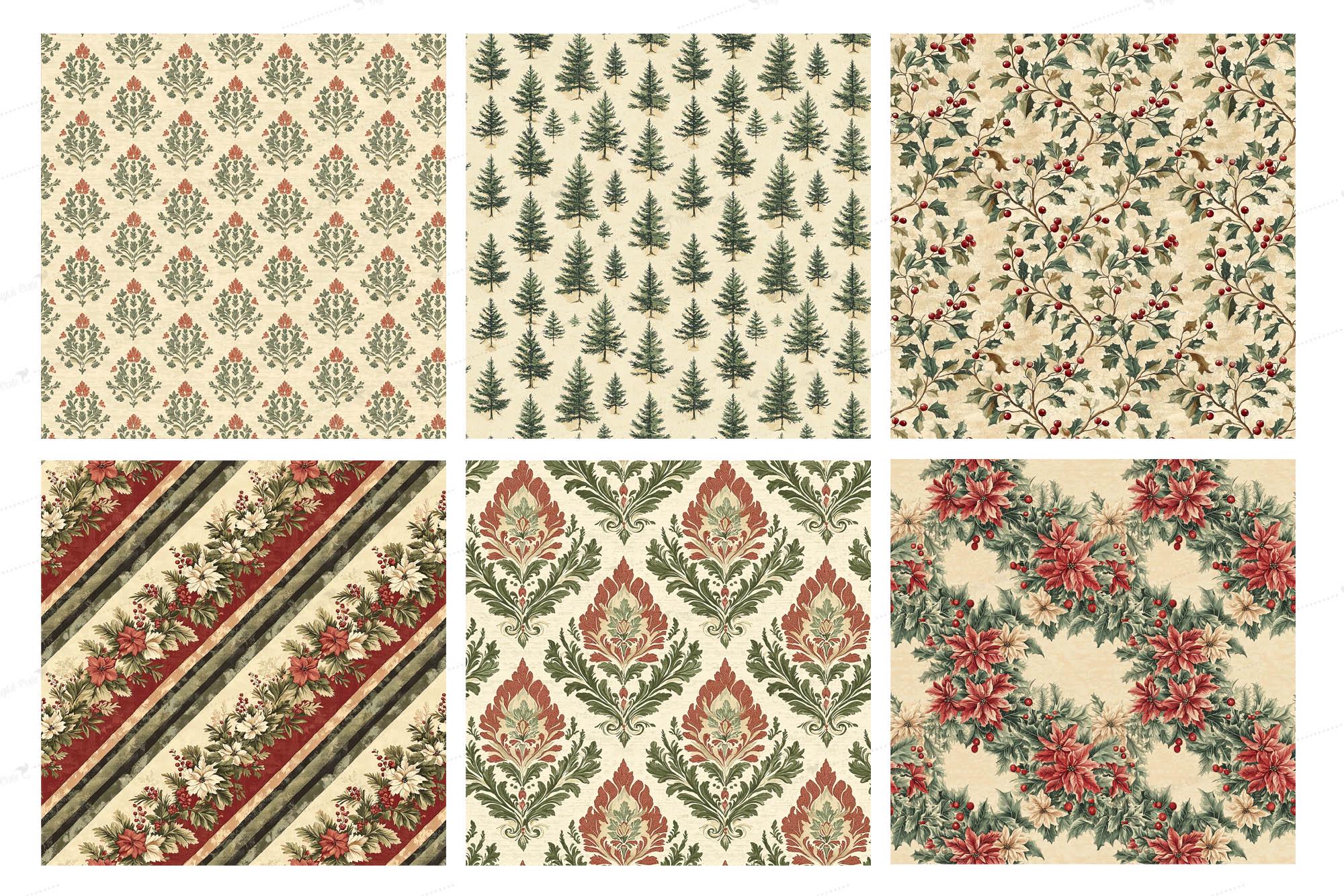 Victorian Christmas Digital Paper, Vintage Red Green Wallpaper Patterns ...