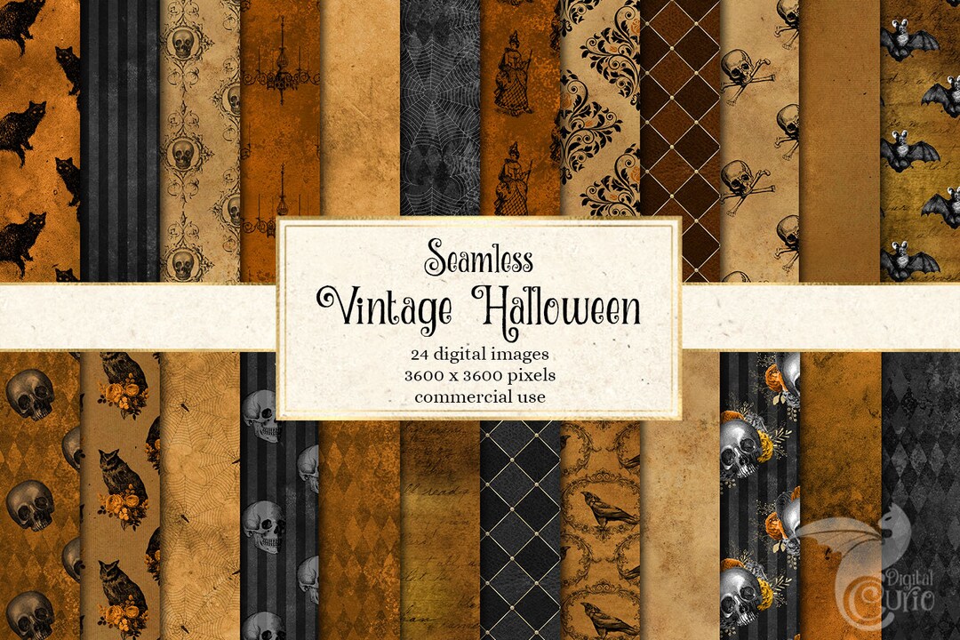 Vintage Halloween Digital Paper Textures, Antique Skull Damask and Old ...
