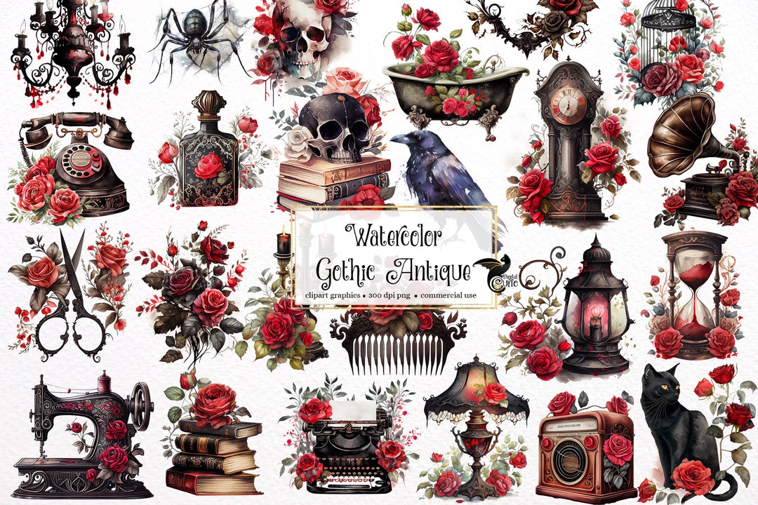 Watercolor Gothic Antique Clipart - Vintage PNG Format Instant Download ...