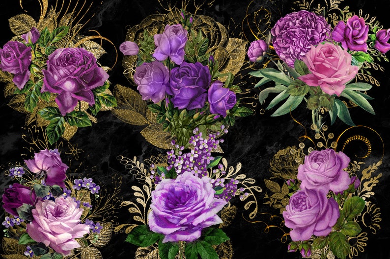 Purple and Gold Shabby Floral Clip Art, Digital Instant Download ...