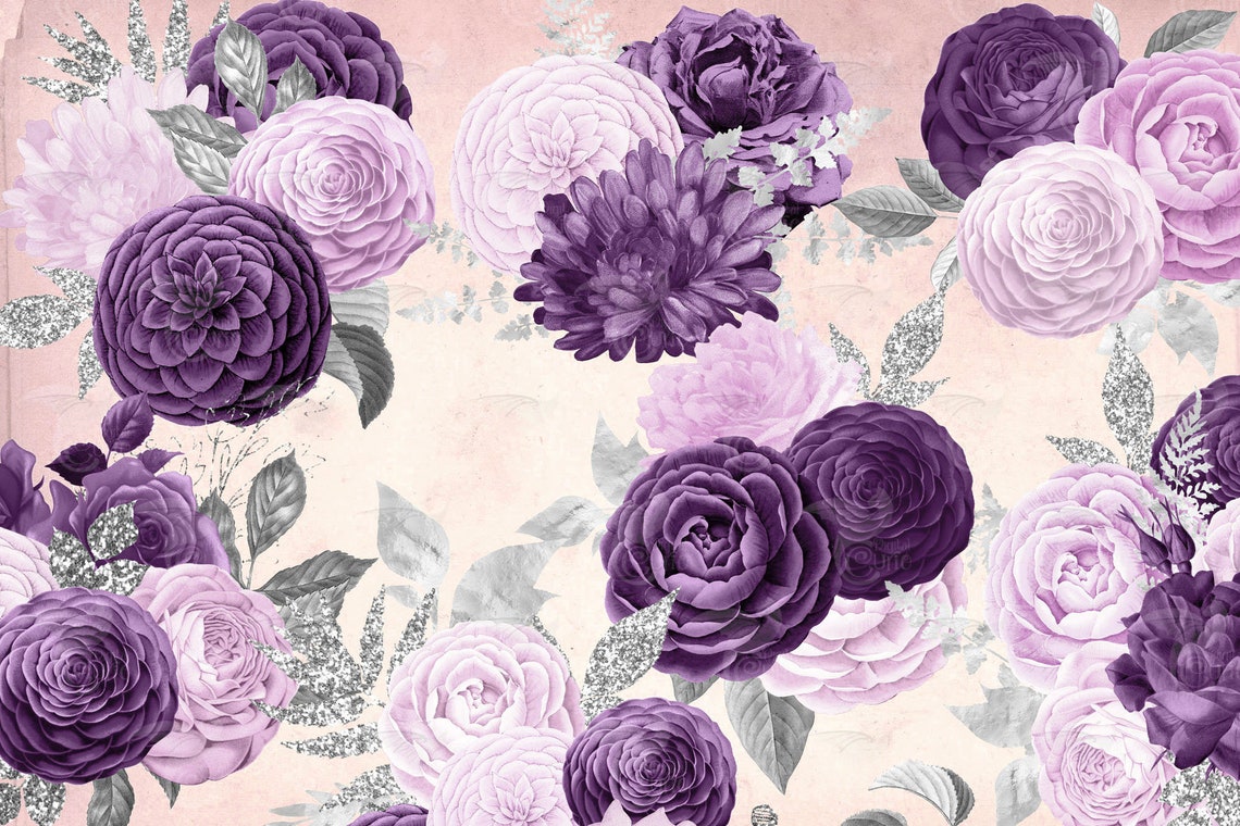 Purple and Silver Floral Bouquets Clipart Digital Instant - Etsy