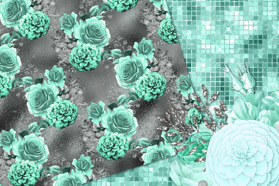 Aqua and Silver Floral Digital Paper Seamless Turquoise Rose - Etsy