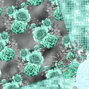 Aqua and Silver Floral Digital Paper, Seamless Turquoise Rose Printable ...