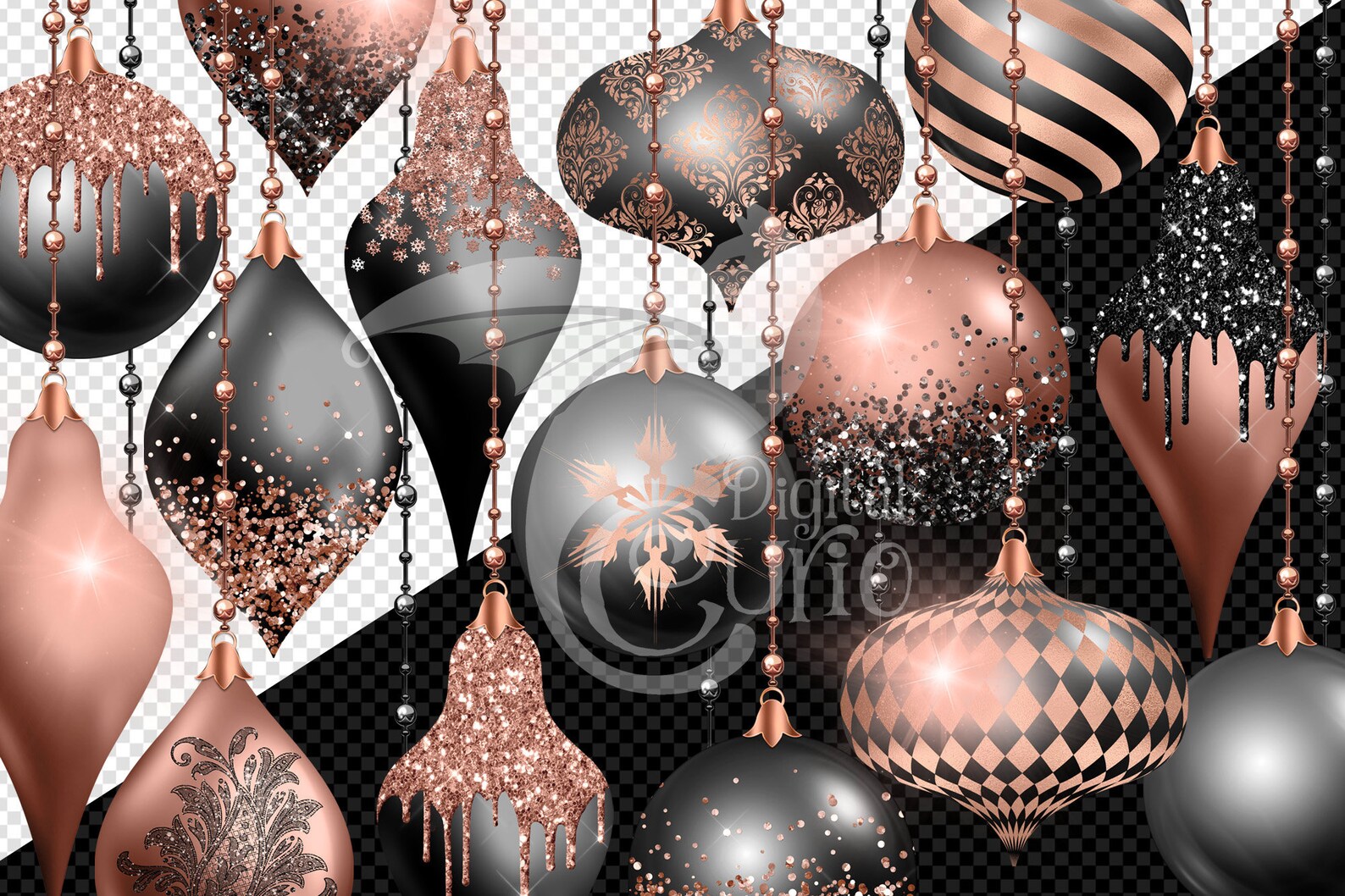 Black and Rose Gold Christmas Ornament Clipart, Glitter PNG (digital ...