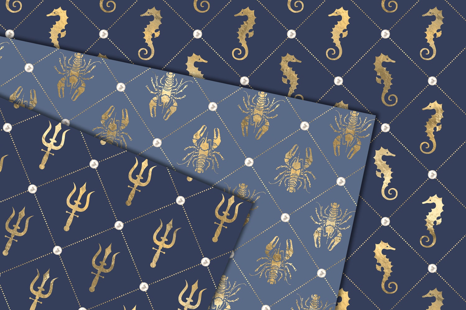 Blue and Gold Nautical Digital Paper, Seamless Ocean Patterns (digital ...