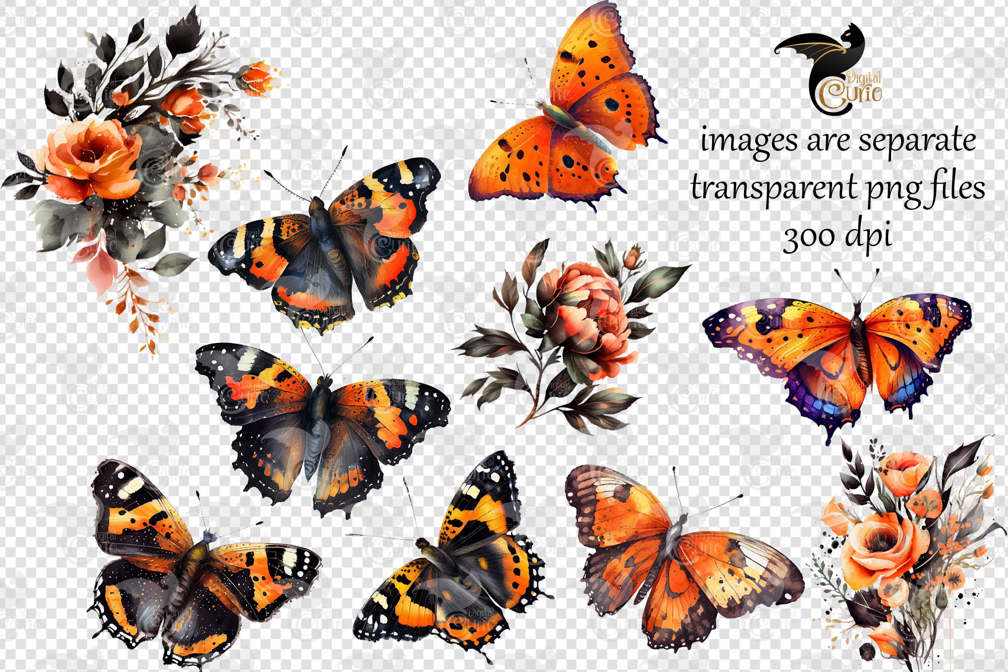 Watercolor Monarch Butterfly Clipart – Orange Floral PNG (digital ...