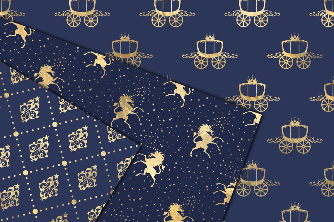 Navy and Gold Princess Digital Paper Seamless Fairy Princess - Etsy