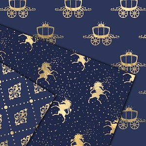 Navy and Gold Princess Digital Paper, Seamless Fairy Princess Patterns ...