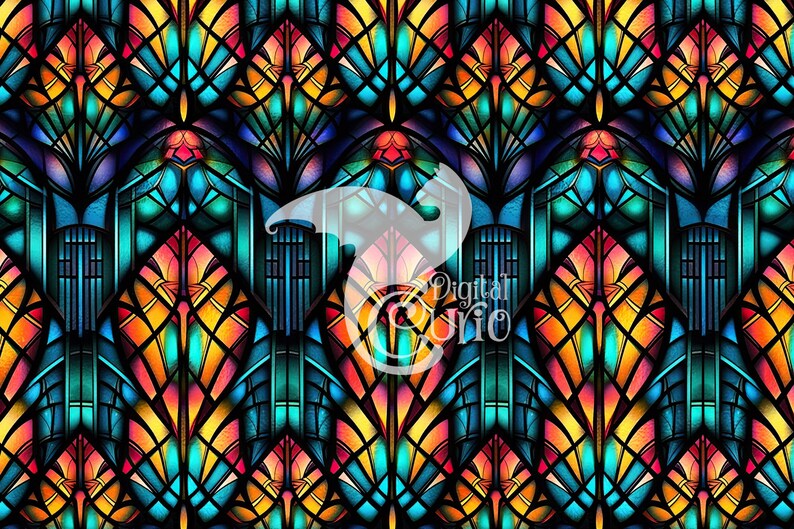 Deco Neon Stained Glass Digital Paper, Seamless Textures (digital ...