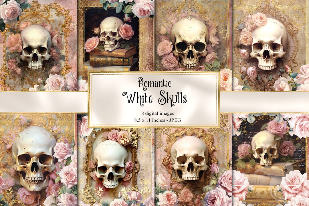 Romantic White Skulls Journal Paper, Notebook Digital Paper Rococo Junk ...