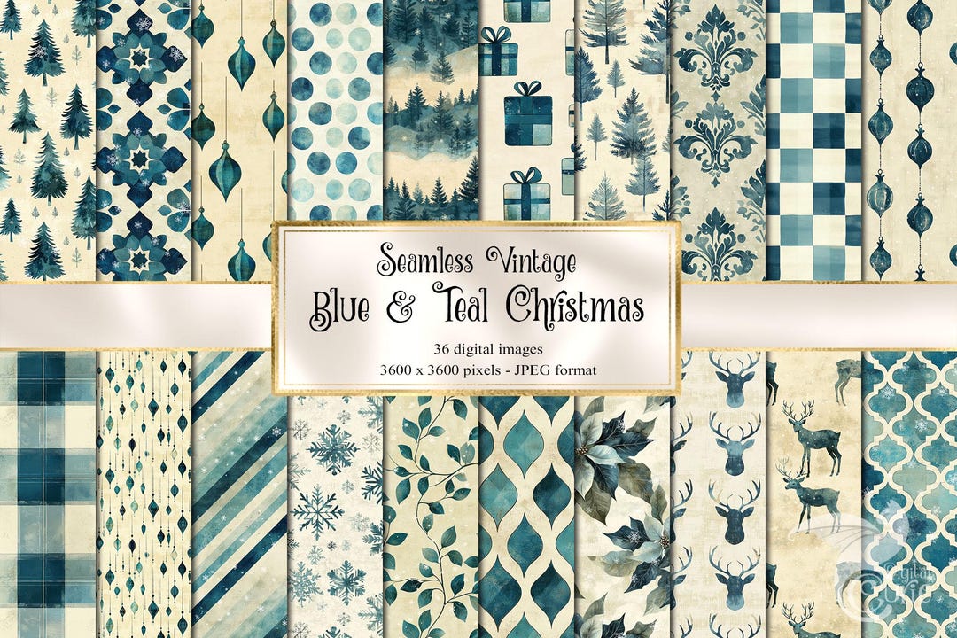 Vintage Blue Teal Christmas Digital Paper, Snowflake Seamless Patterns ...