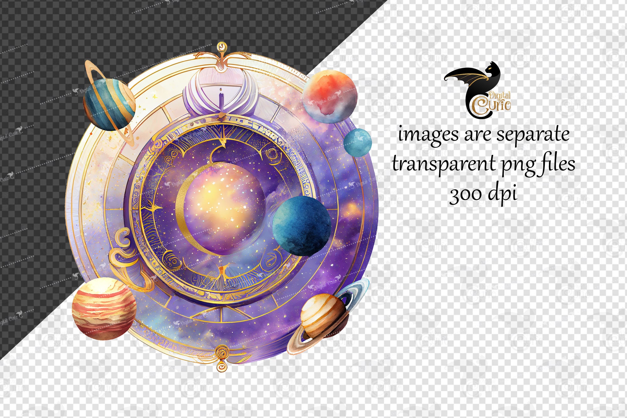 Watercolor Time Wheels Clipart Fantasy Magic Celestial - Etsy