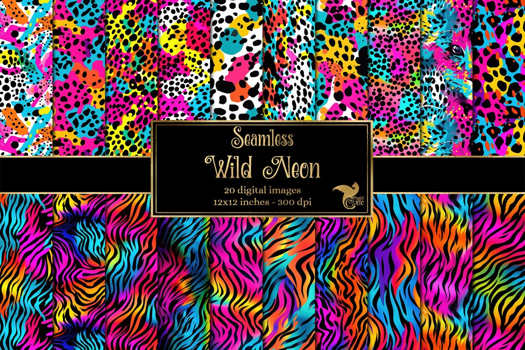 Wild Neon Digital Paper, Seamless Animal Skin Patterns With Tiger ...