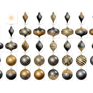Black and Gold Christmas Ornaments Clipart, Digital Glitter Christmas ...