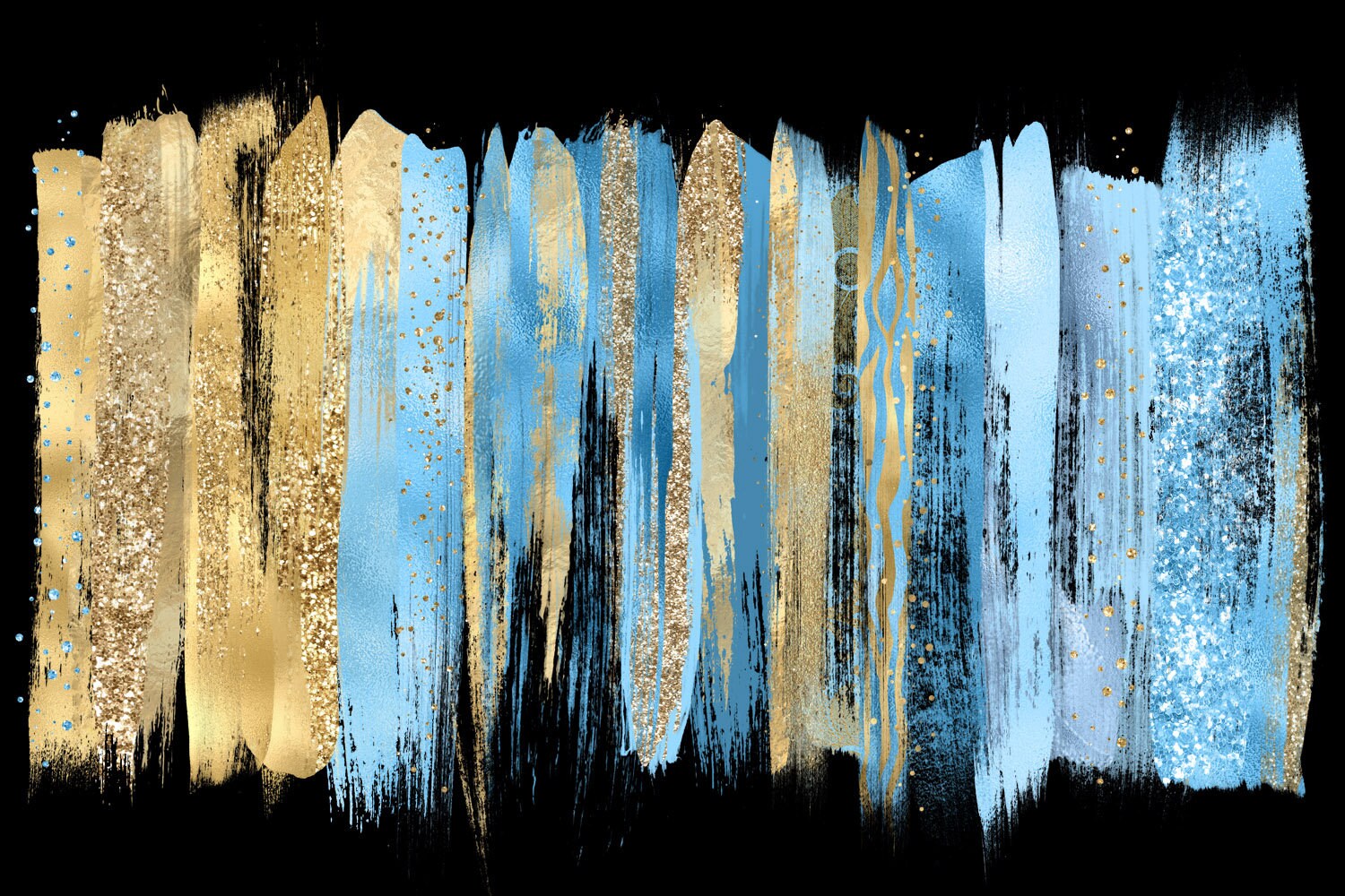 Blue and Gold Brush Strokes Clipart, With Blue Glitter and Gold Foil in ...