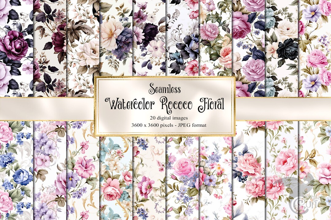 Watercolor Rococo Floral Digital Paper, Seamless Printable Textures ...