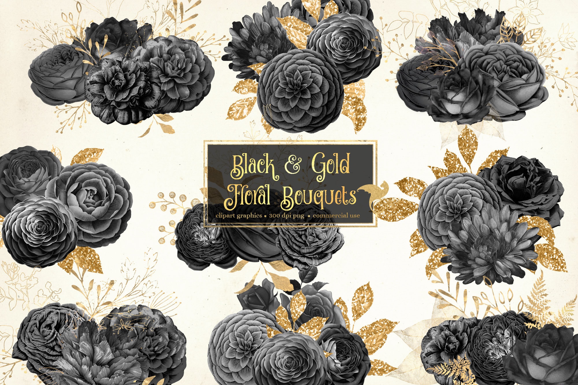Black and Gold Floral Bouquets Clipart, Flower Embellishments (digital ...