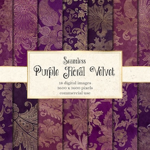 Purple Floral Velvet Digital Paper, Seamless Gold Damask Flower ...