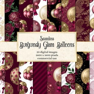 Burgundy and Gold Glam Balloons Digital Paper - Seamless Patterns ...