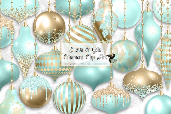 Aqua and Gold Christmas Ornaments Clipart Digital Glitter | Etsy