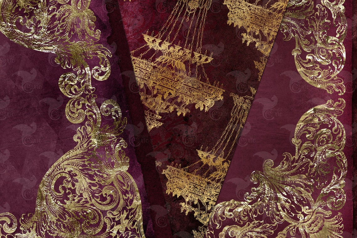 Mystic Burgundy and Gold Digital Paper Gold Foil Vintage - Etsy