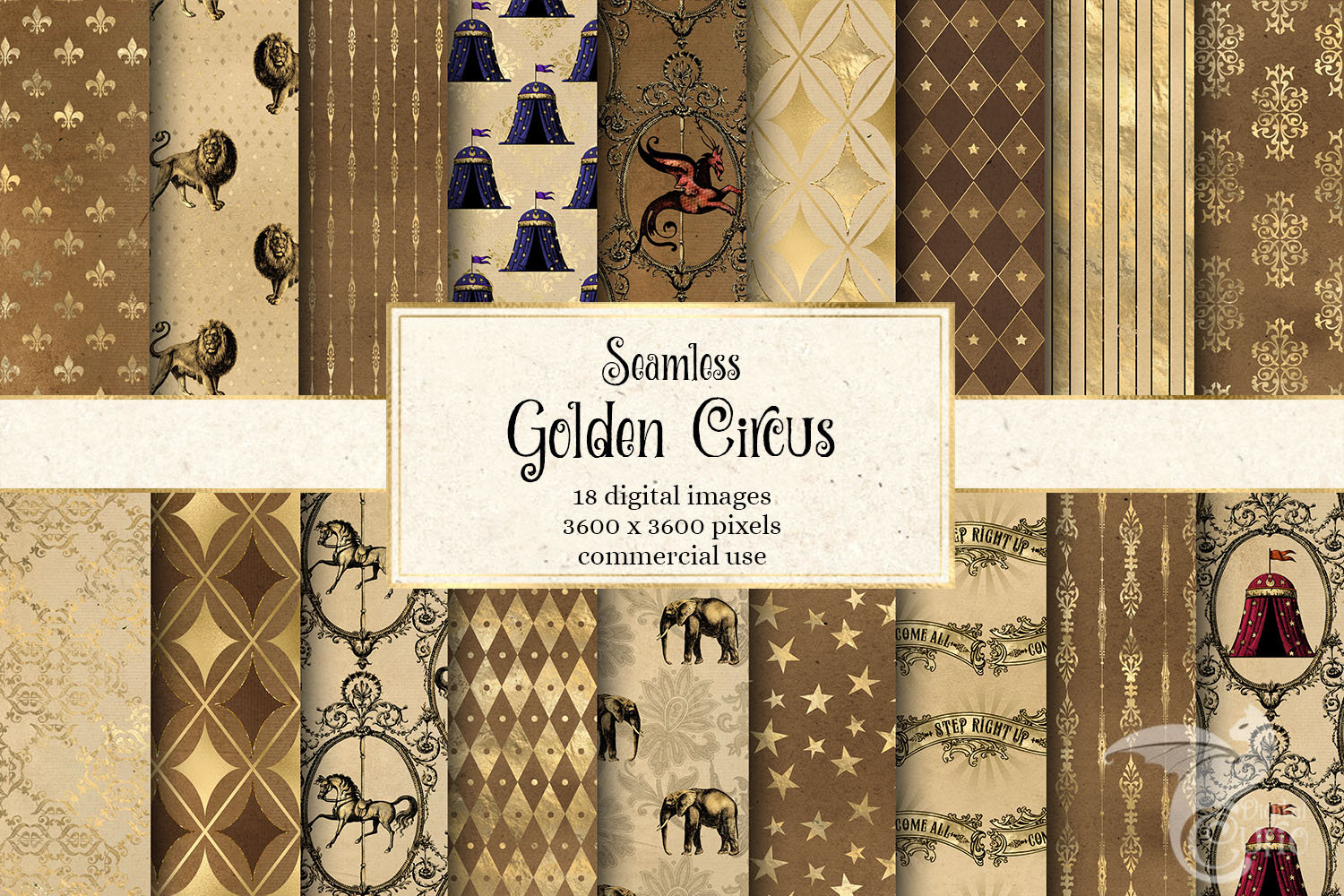 Golden Circus Digital Paper, Seamless Printable Circus Backgrounds Moon ...