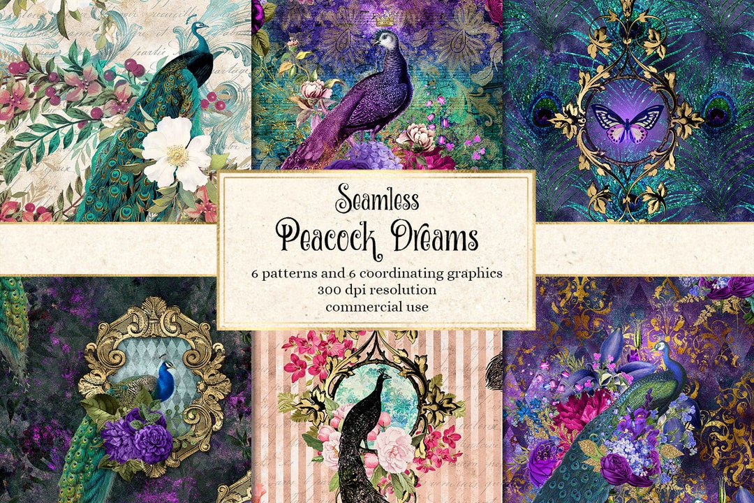 Peacock Dream Digital Paper, Seamless Peacock Patterns and Clipart ...