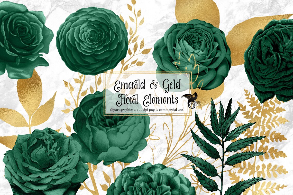 Emerald and Gold Floral Elements Clip Art - Digital Clipart Graphics of ...