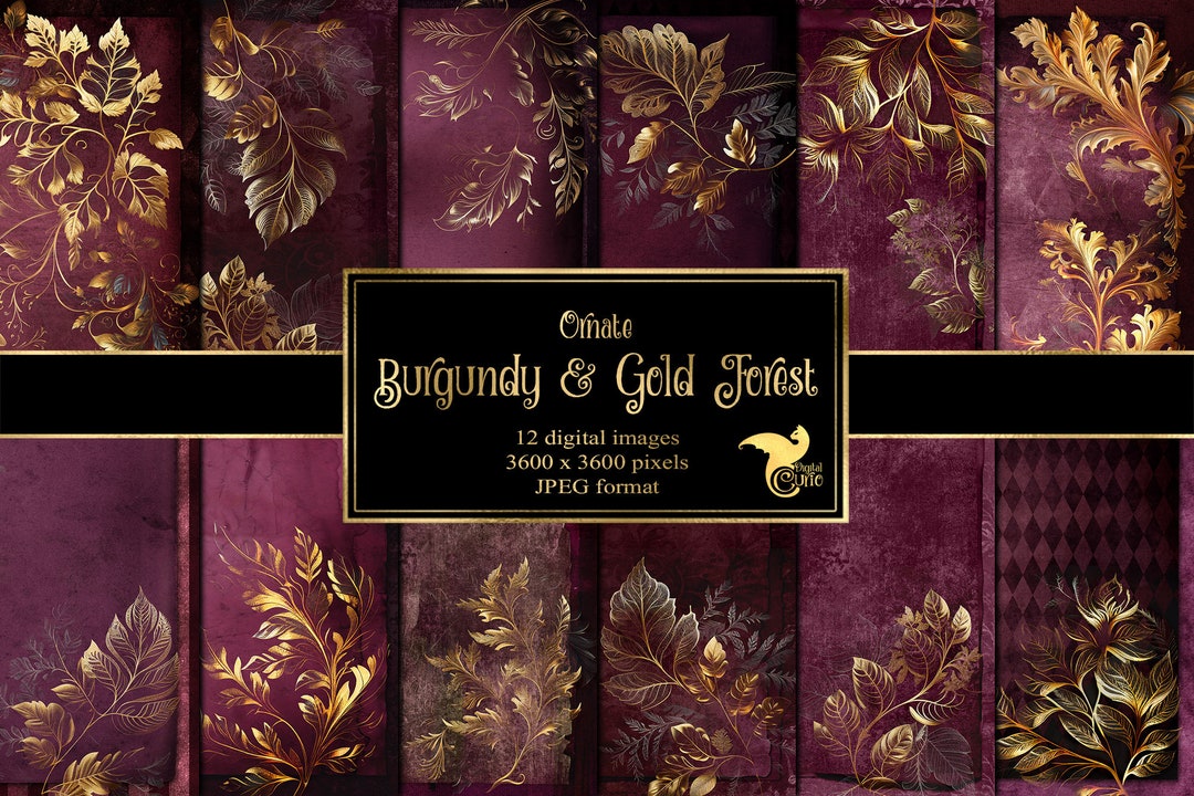 Ornate Burgundy and Gold Forest Digital Paper - Dark Gothic Woodland ...