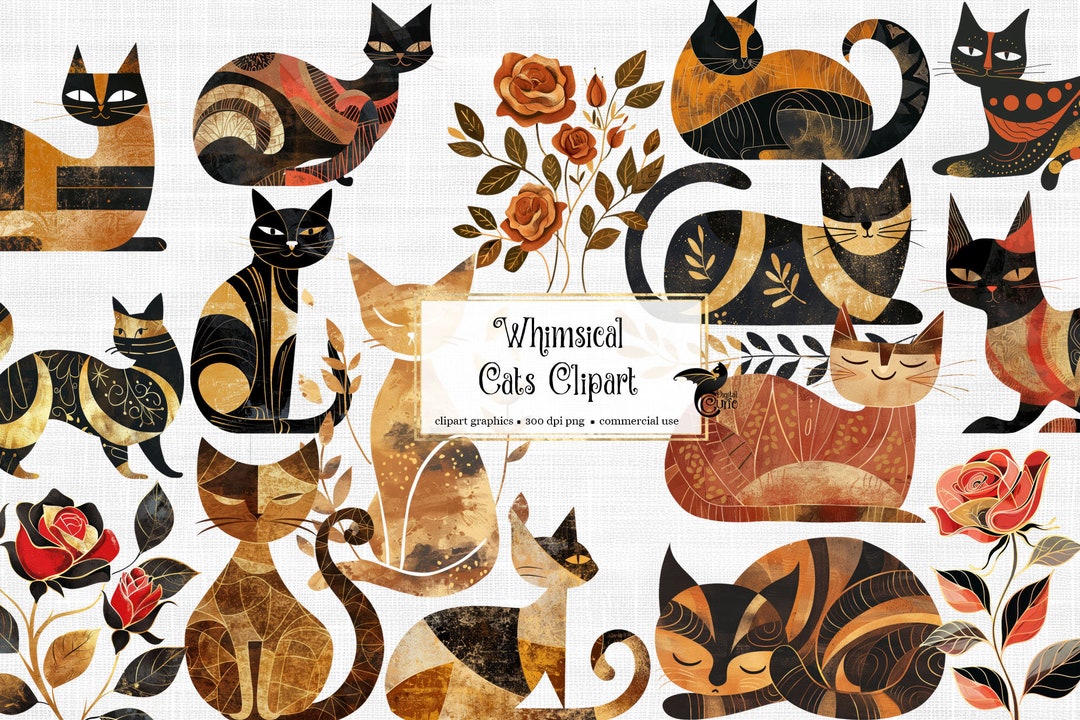 Whimsical Cats Clipart - Cute Cat Graphics in PNG Format Instant ...