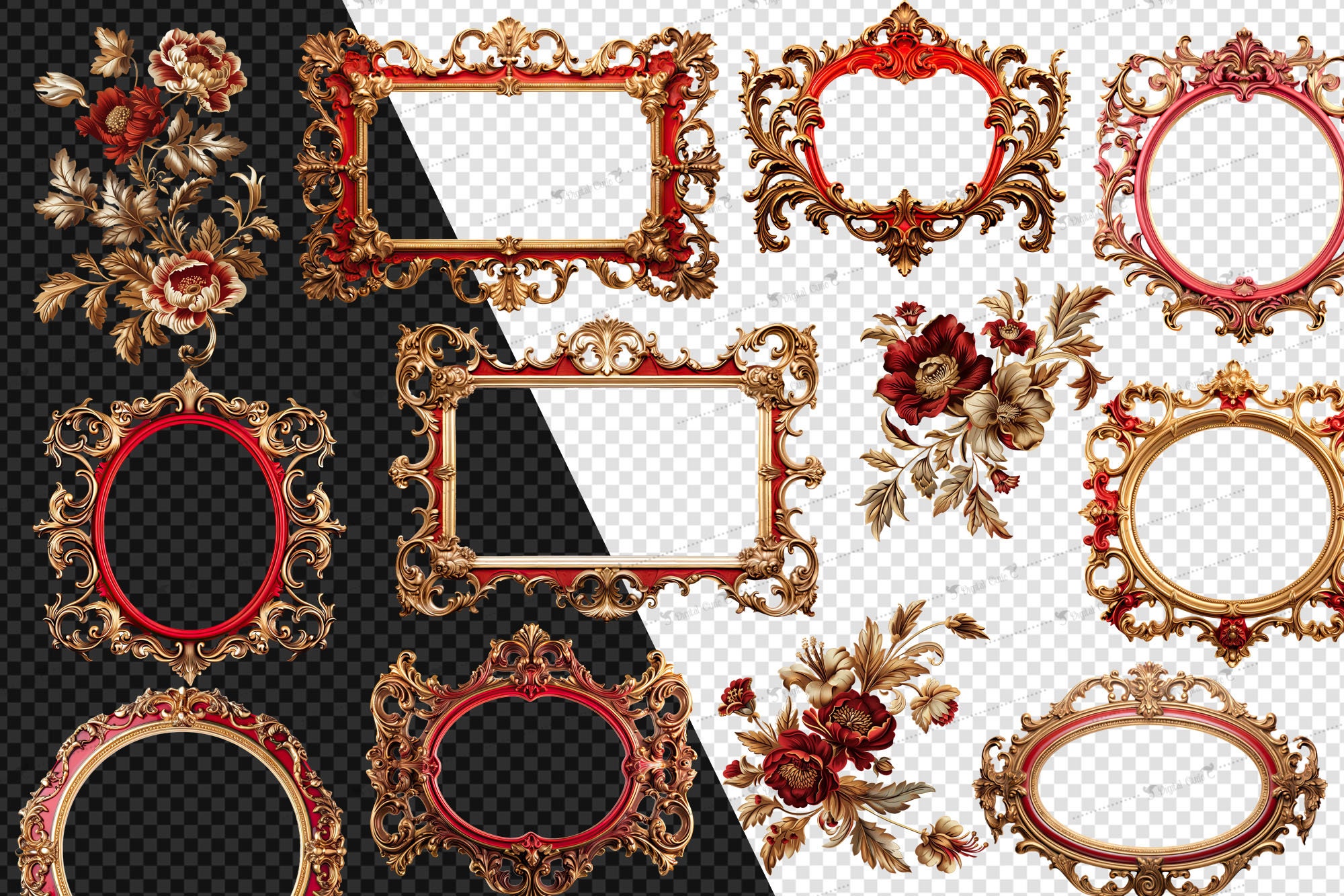 Red and Gold Rococo Flowers and Frames Clipart (PNG, Digital Download ...