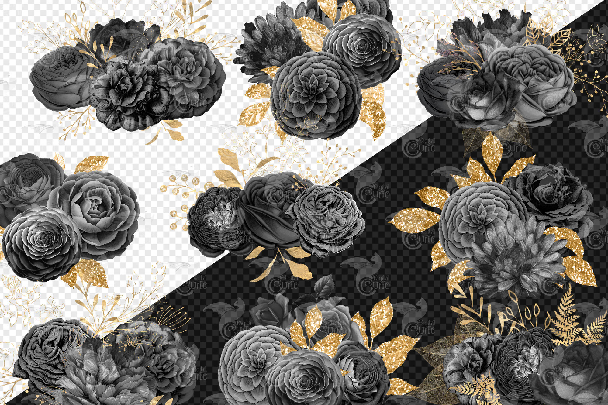 Black and Gold Floral Bouquets Clipart, Flower Embellishments (digital ...