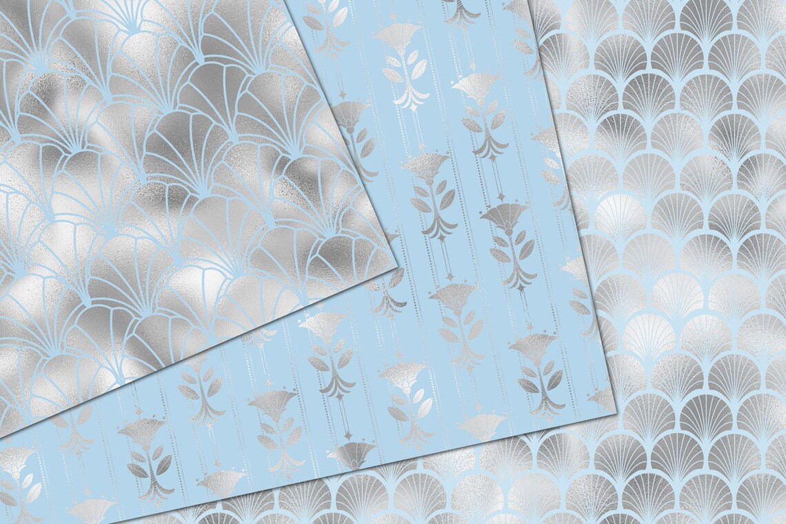 Blue and Silver Art Deco Digital Paper Seamless Deco Patterns | Etsy