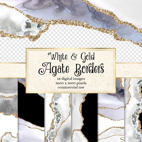 White and Gold Agate Borders Digital Watercolor Geode PNG - Etsy