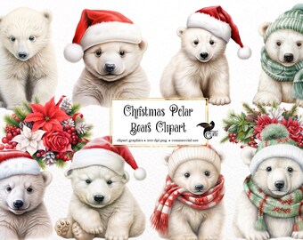 Christmas Polar Bears Clipart Cute Baby Animals in Outfits, Xmas, Santa ...