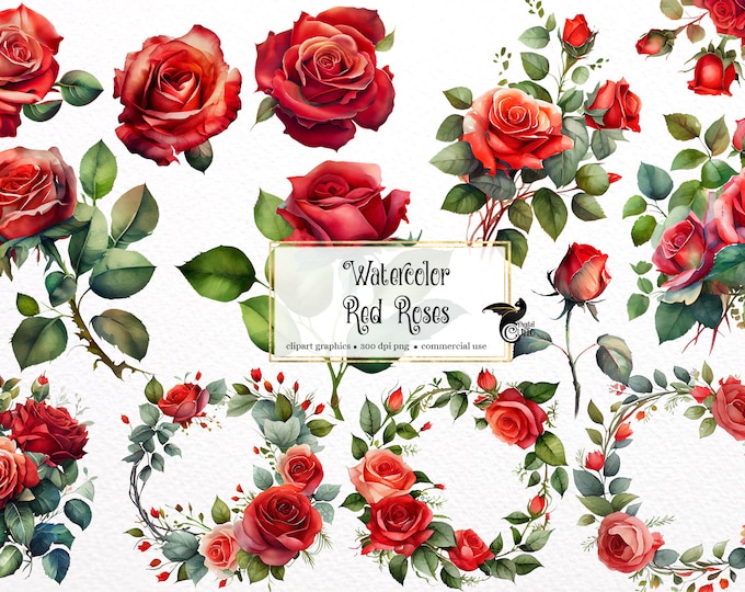 10 Red Rose Clipart Digital, Red Roses Clipart, Red Single Bouquet ...