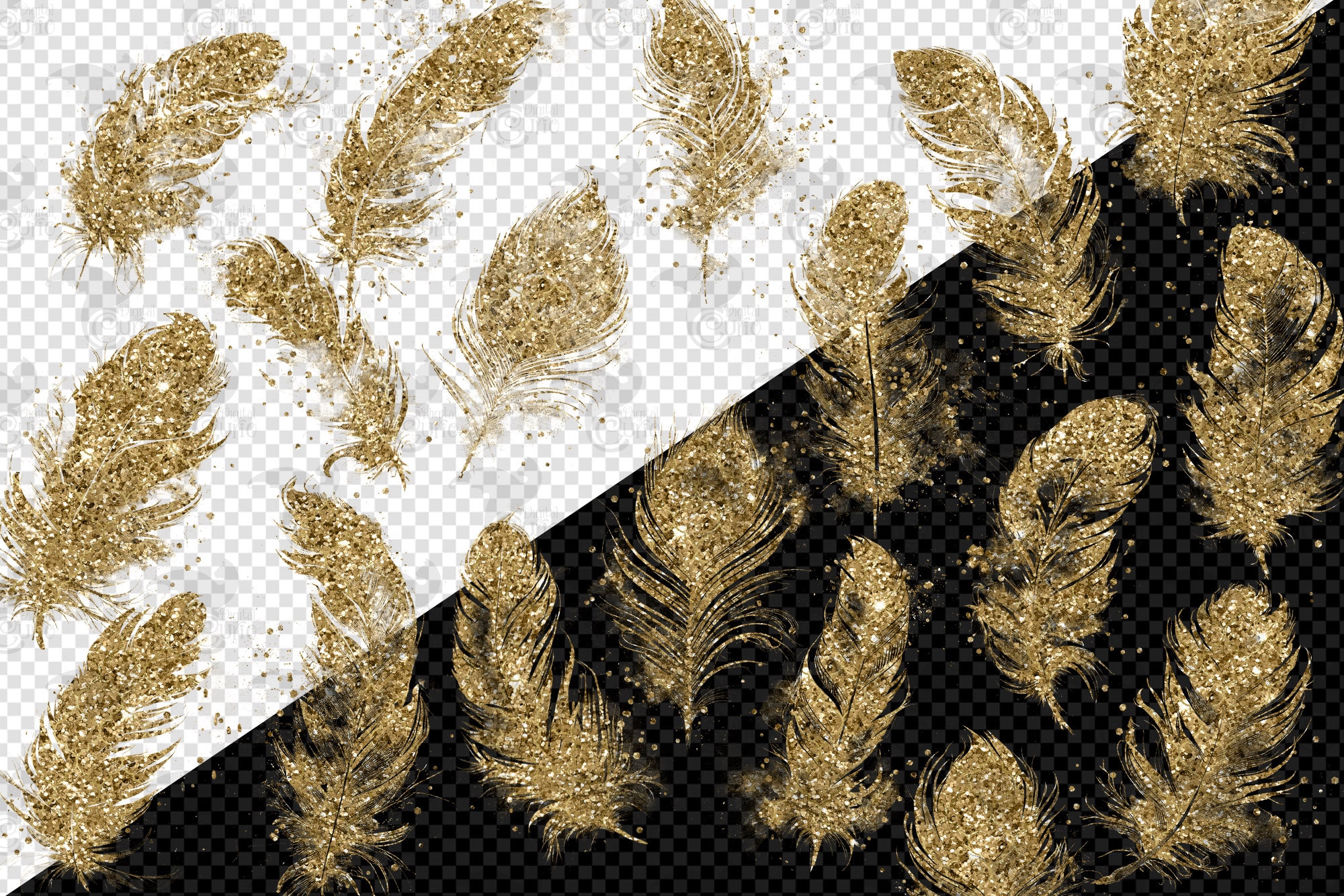 Gold Glitter Feathers Clipart, Digital Feather Clipart Illustrations ...