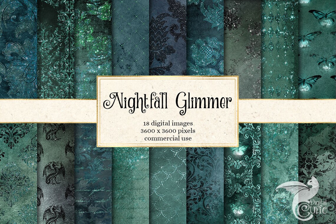 Nightfall Glimmer Digital Paper, Teal Gothic Vintage Distressed ...