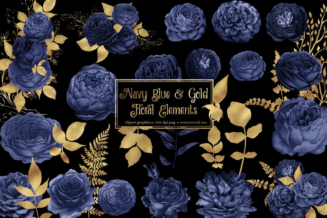 Navy Blue and Gold Floral Elements Clip Art - Digital Clipart Graphics ...