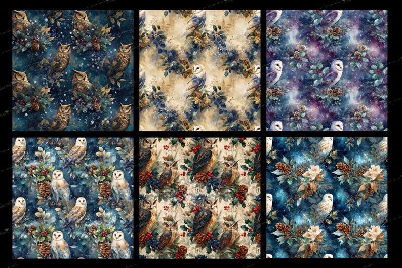 Winter Owls Digital Paper, Celestial Christmas Scrapbook Pages (digital ...